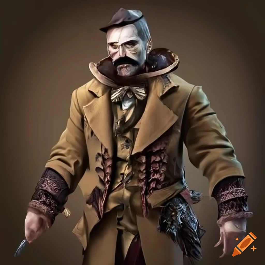 Dark fantasy victorian hunter with mustache and sideburns in a safari ...
