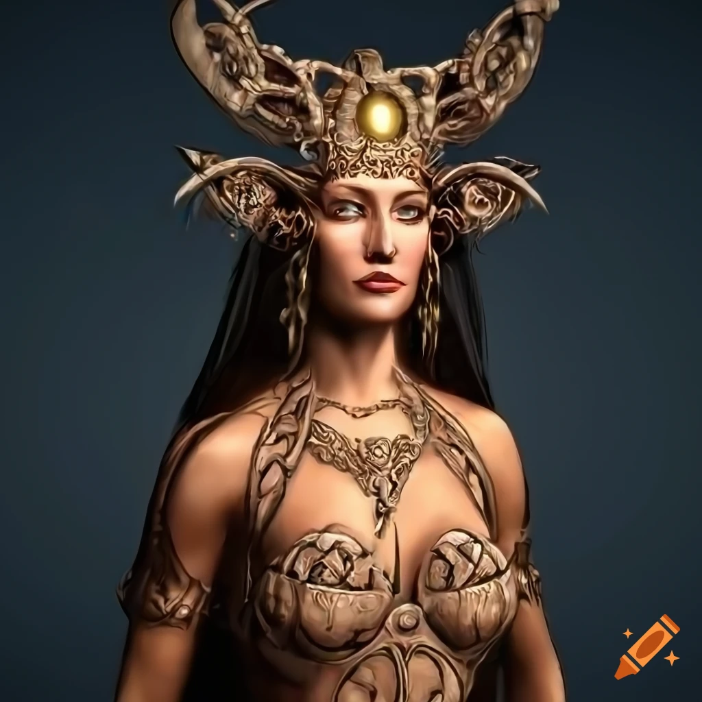 The celtic goddess Danu in the style of realistic and hyper detailed renderings with a wide ...