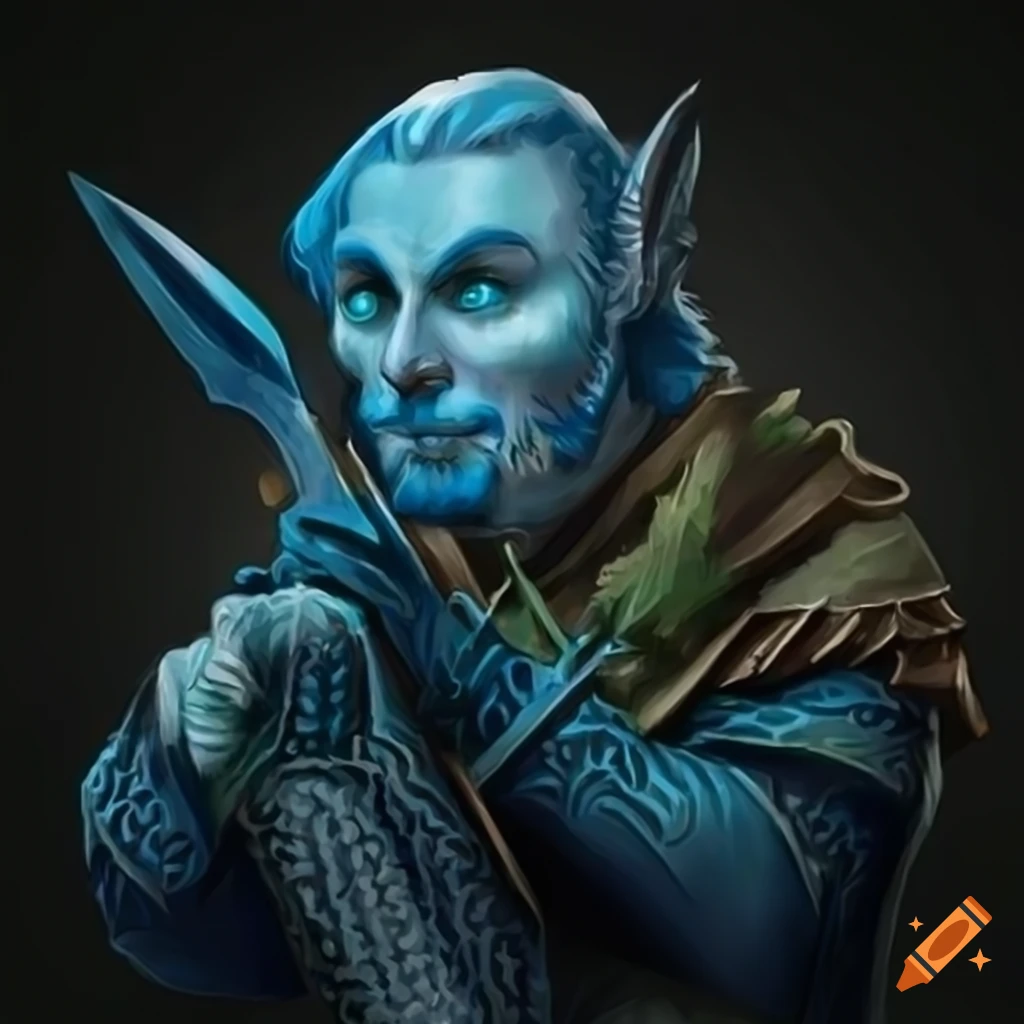 Half-elf with blue beard holding a spear on Craiyon