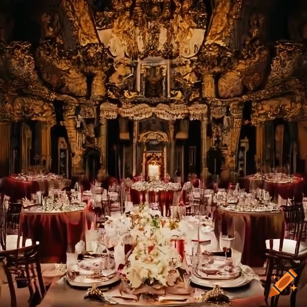 Bustling formal party in victorian-style decorated ballroom
