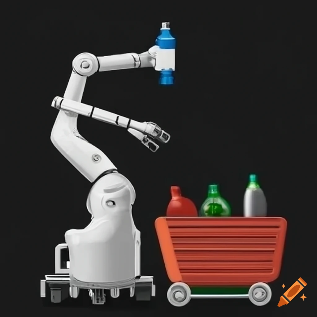 A robotic arm holding and bottle and about to place it in a trolley on ...