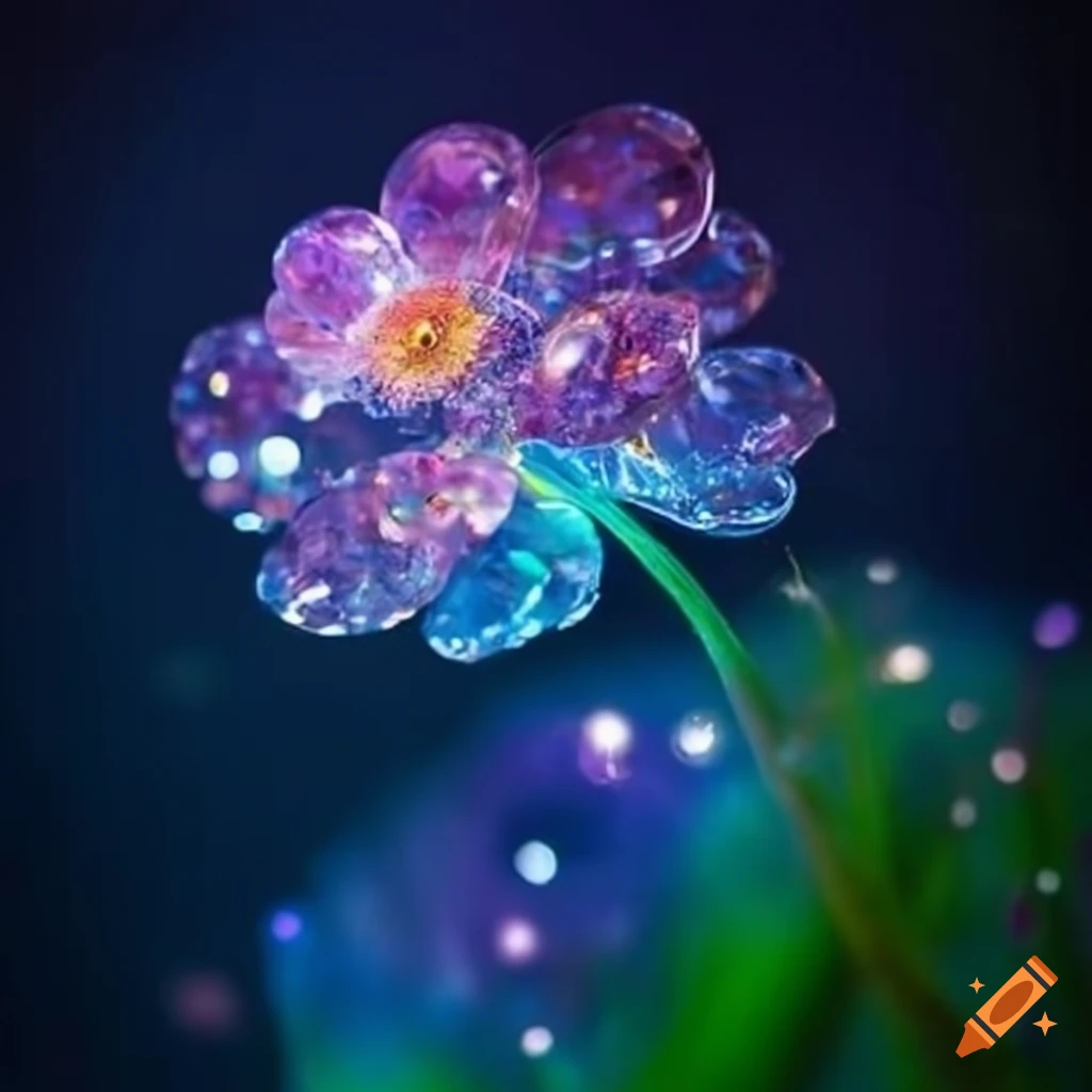 Magical garden of glittering translucent glass flowers