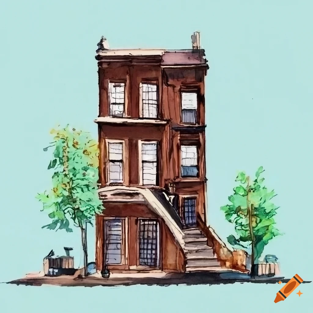 Brooklyn brownstone made of watercolors , streetview sketch isometric ...