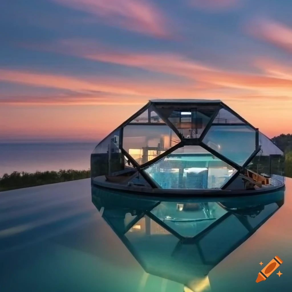 3d a large mansion dodecahedron shaped glass house, with an infinity ...