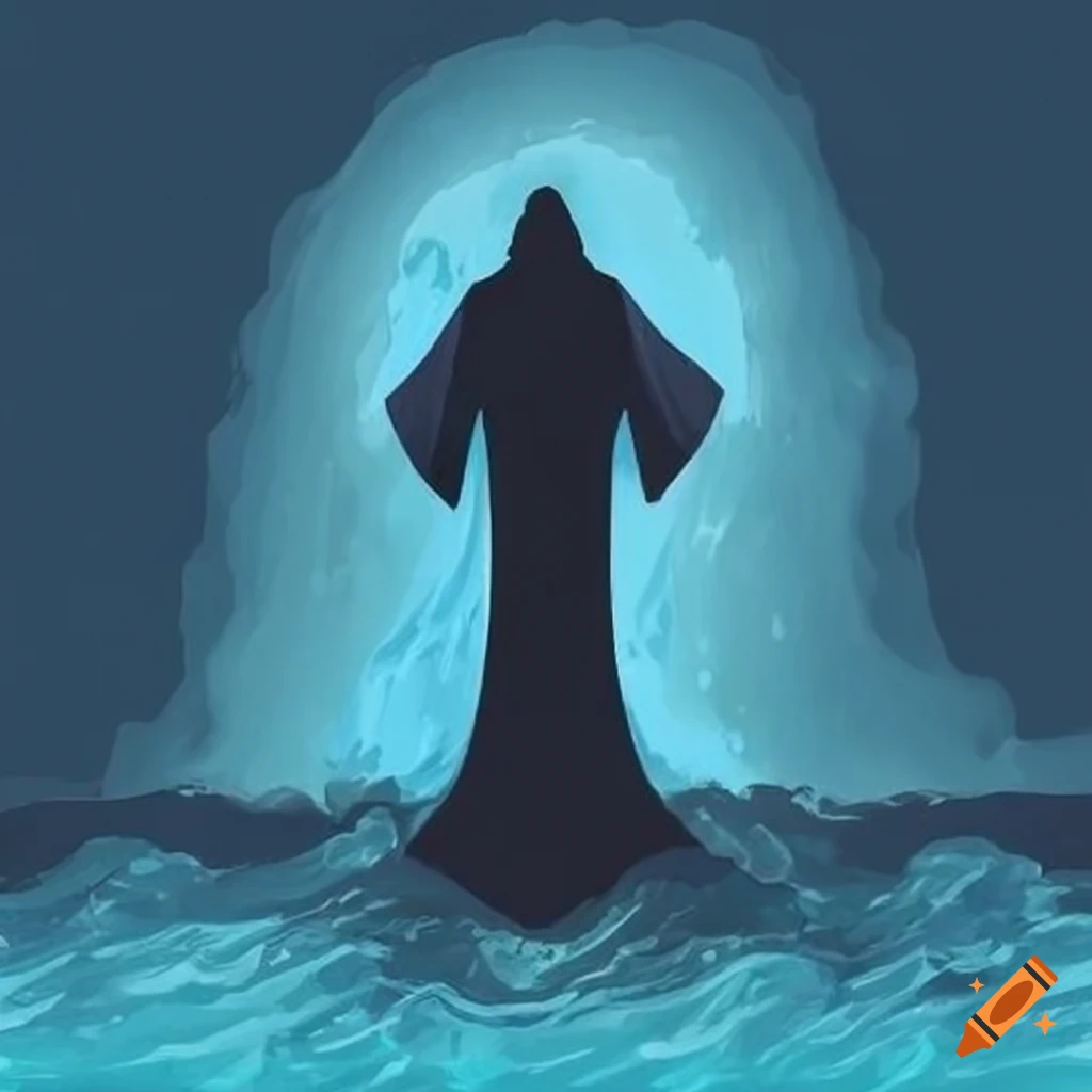 Wizard backward standing in front of a stormy sea