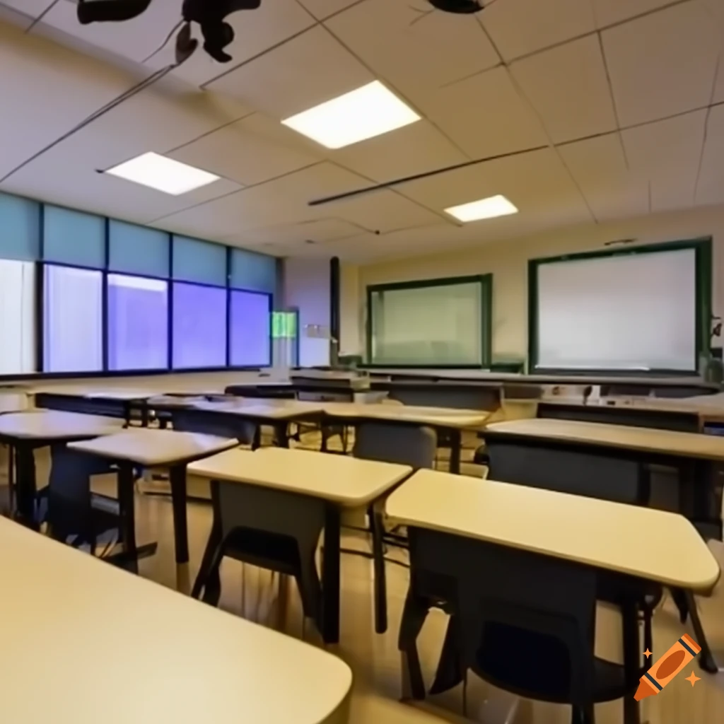 Classroom in a school, cybernetics, flower pots, led lights, screens ...