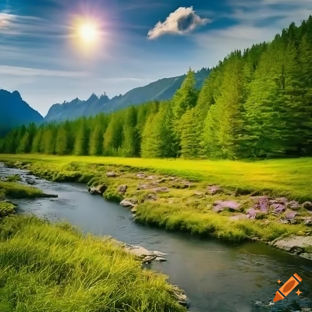 Scenic view of a grassy mountainside covered in trees and a long ...