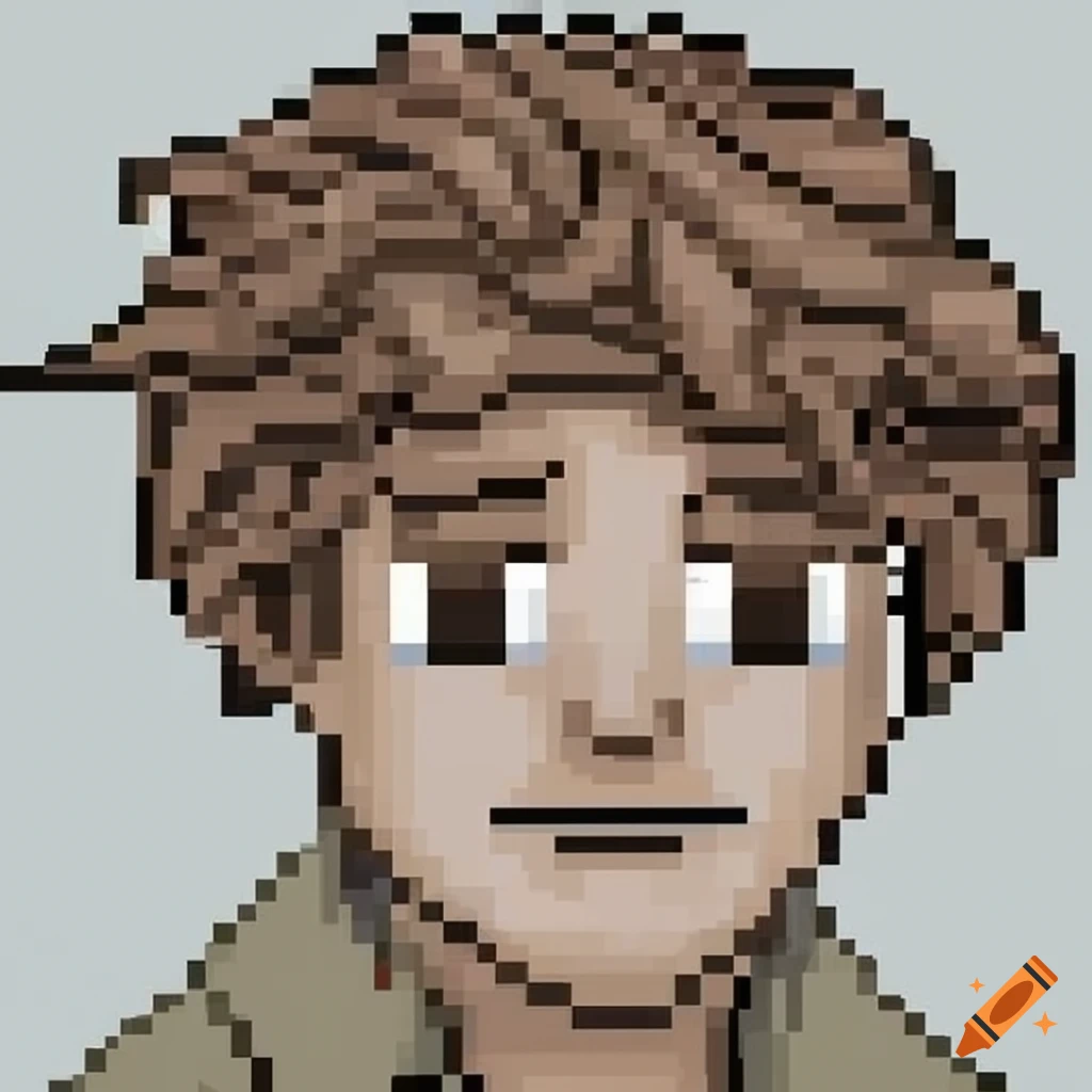 Pixel art young sad man with flowing parted brown hair eyebags on Craiyon