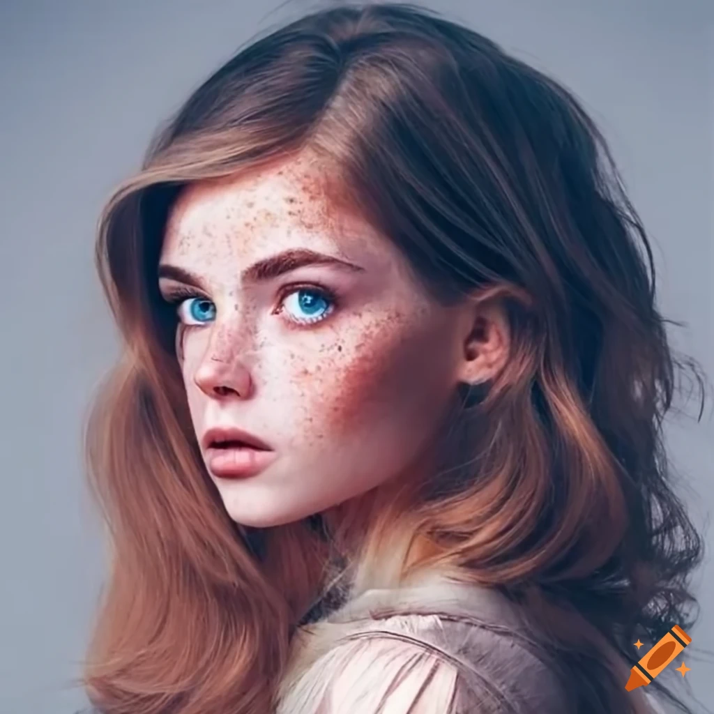 Beautiful young woman shoulder-length hair very light freckles on Craiyon