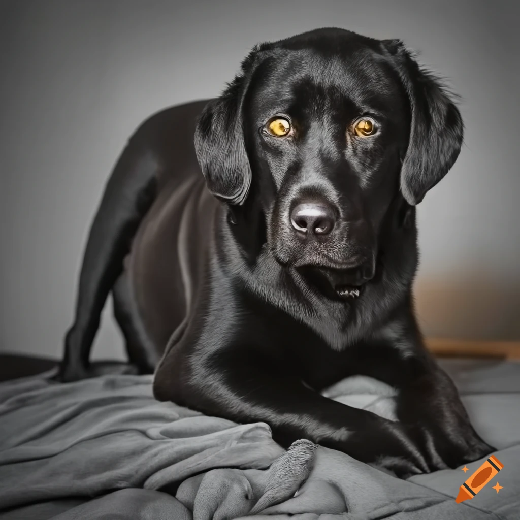 Black labrador waiting on bed in bedroom