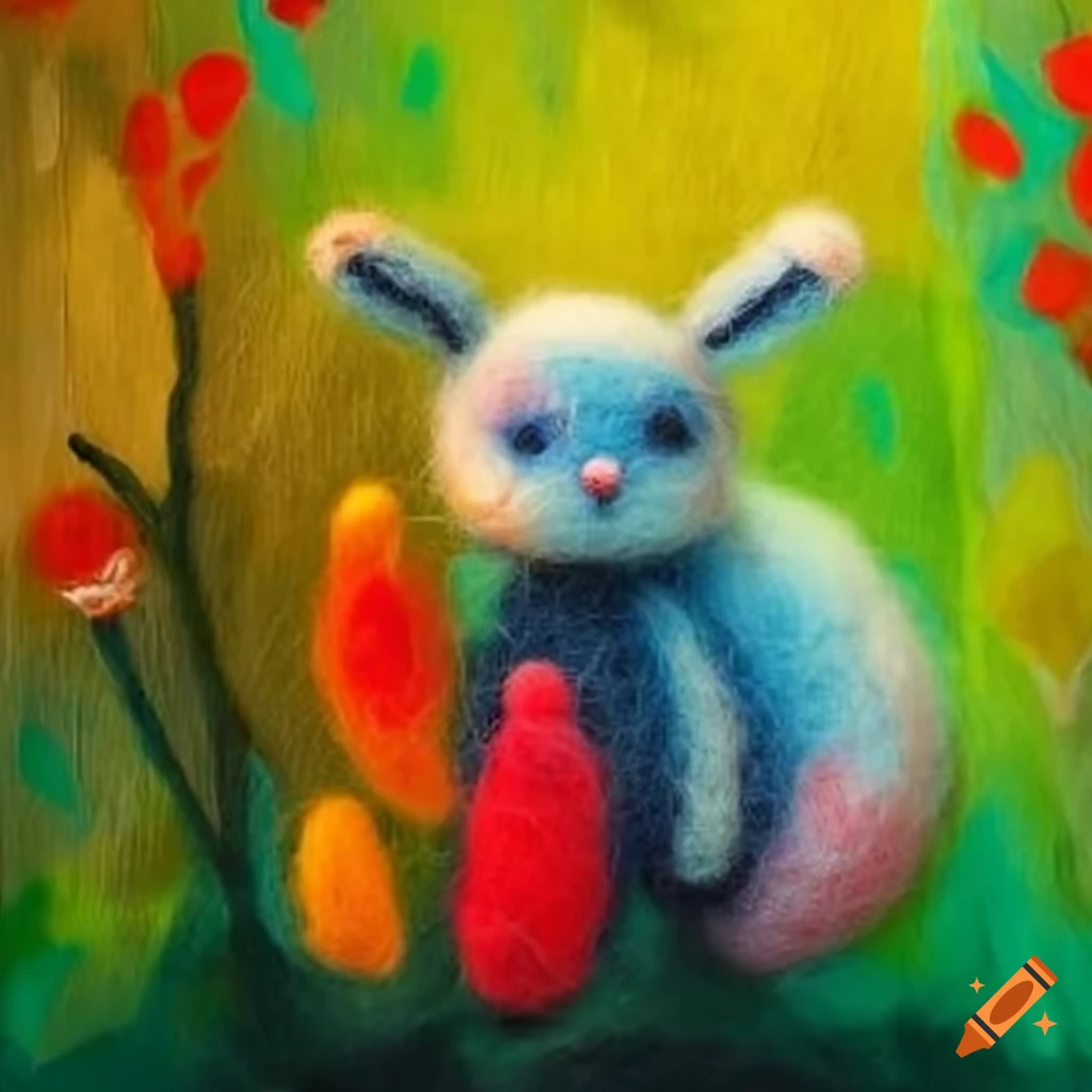 Felted wool creatures gardening in the garden with plants