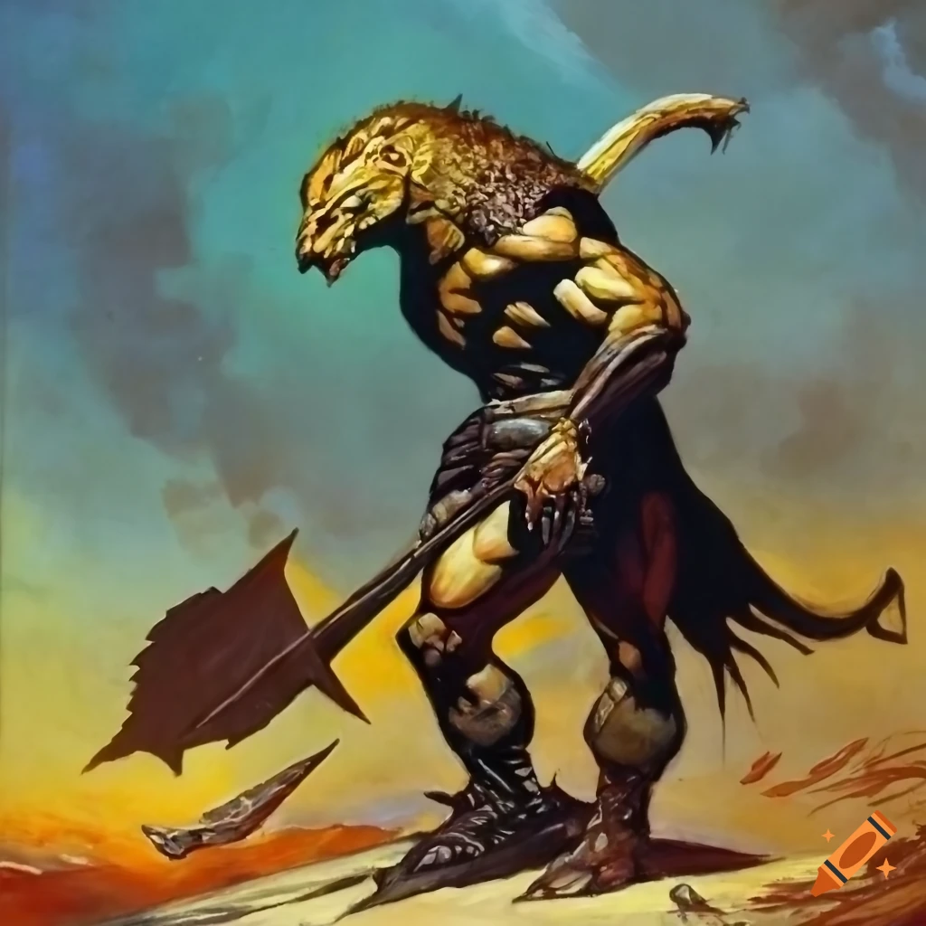 Frank frazetta style. painting. dragonborn man. human woman. wide shot