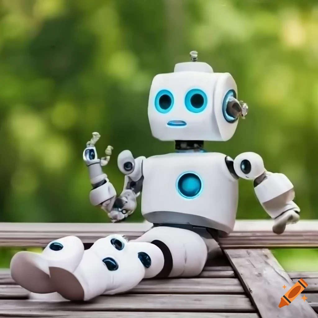 A cute robot sitting on a bench in summer park, resting its feet