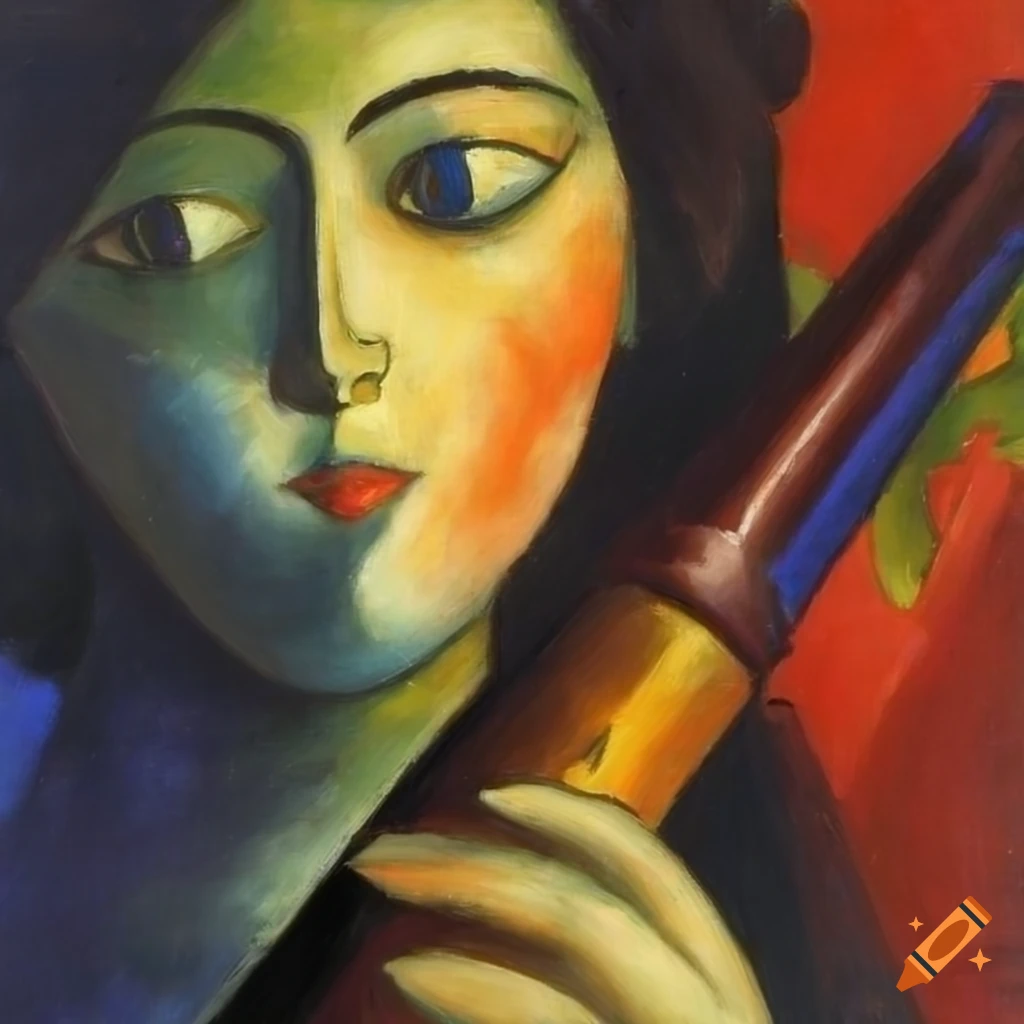 A young lady with brown hair, playing her recorder. oil painting in the ...