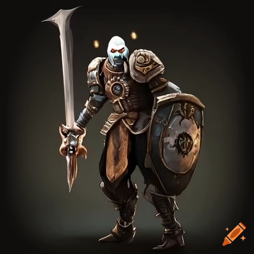Warforged warrior brandishing sword and shield on Craiyon