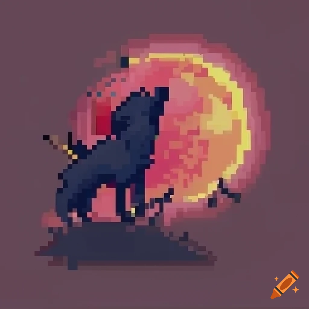 A pixel art dog warrior howling under the blood moon on Craiyon