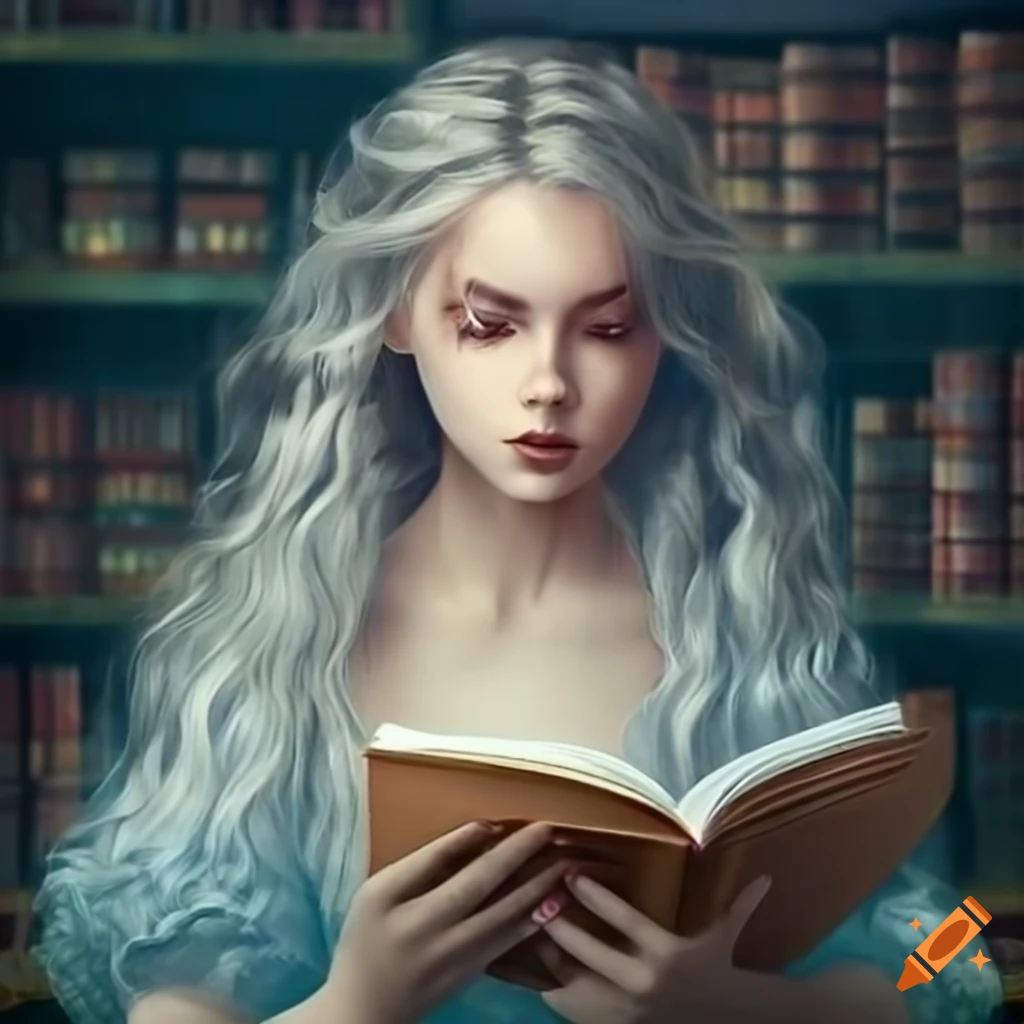 A Girl Reading Book At Magical Fantasy Library With A Moonlight Come