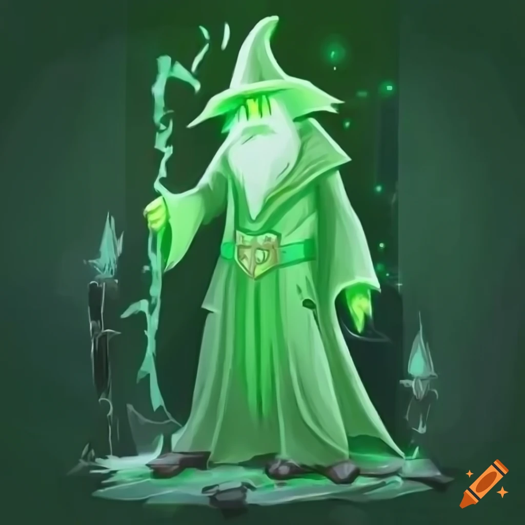 A Wizard, full view, Light green, card character, dark on Craiyon