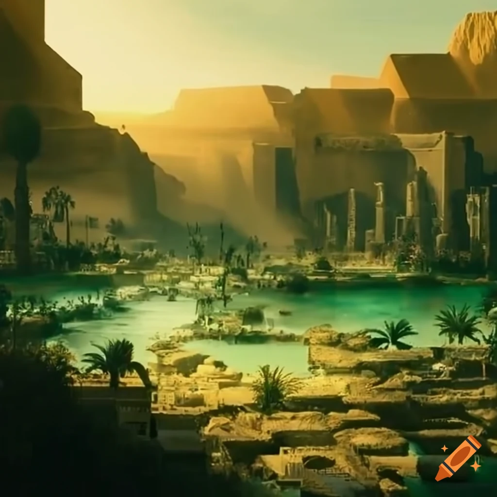 An lush oasis surrounded by a city in the vast desert, from far away on ...