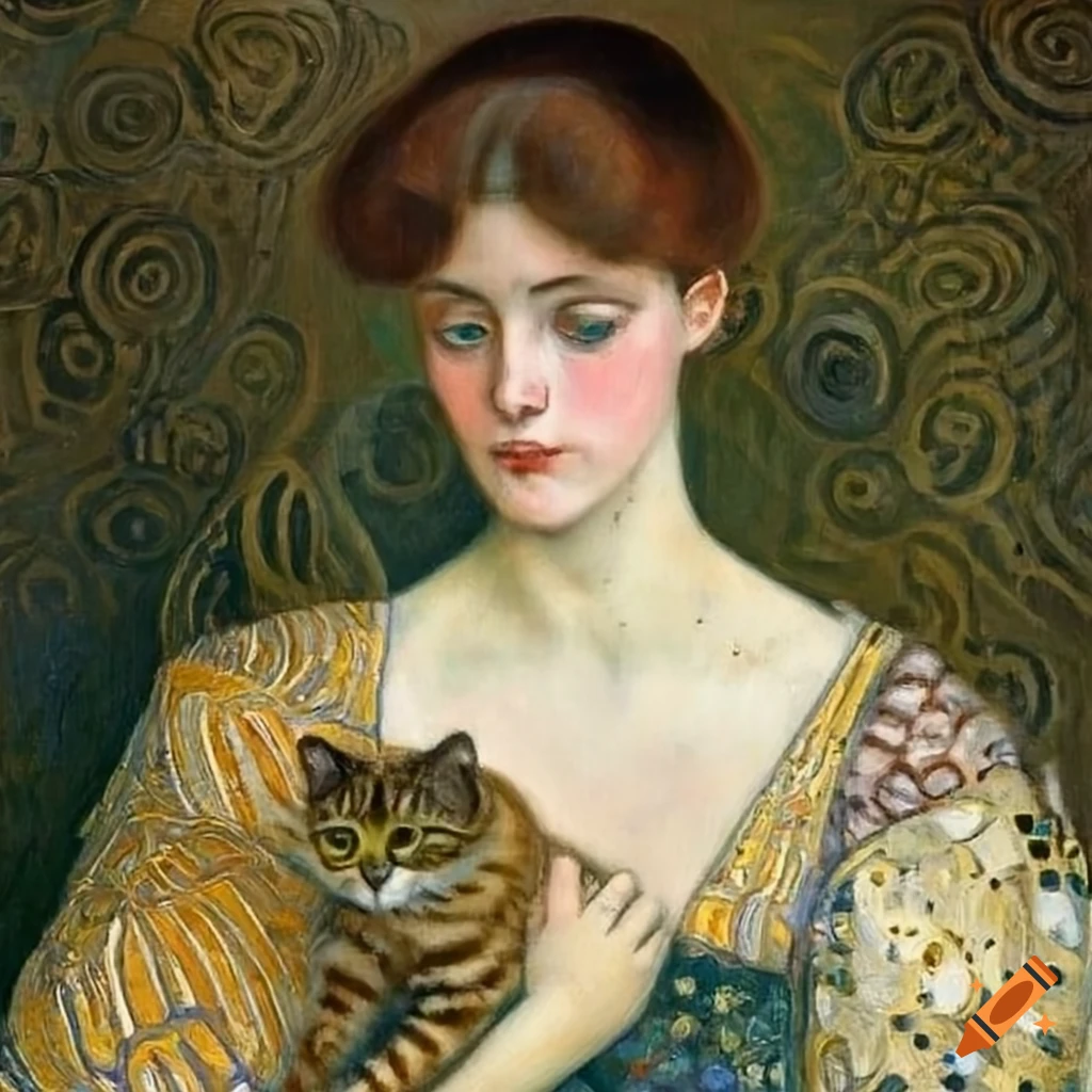 Portrait of a young lady holding a cat in gustav klimt style
