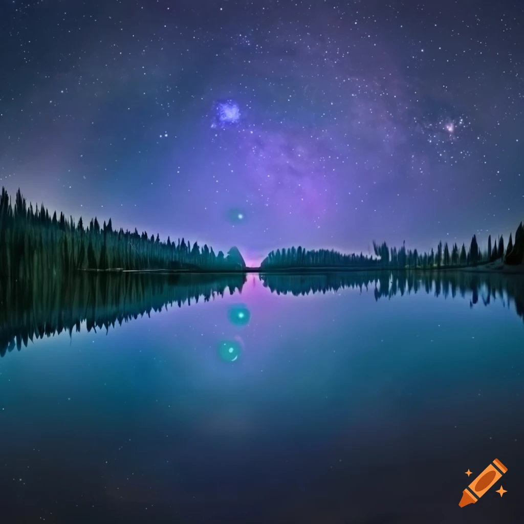 "Picture an ethereal scene under a starry night sky. A serene lake ...