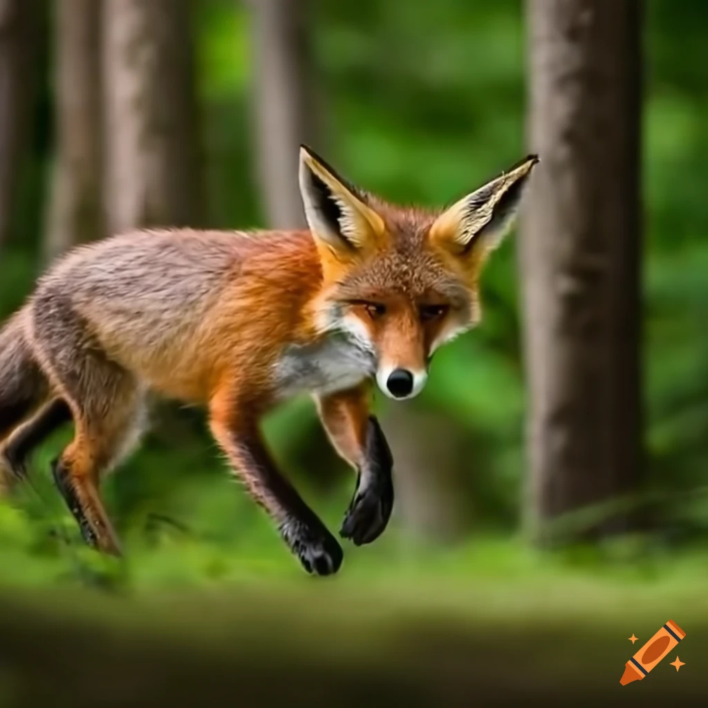 Fox running through the forest on Craiyon