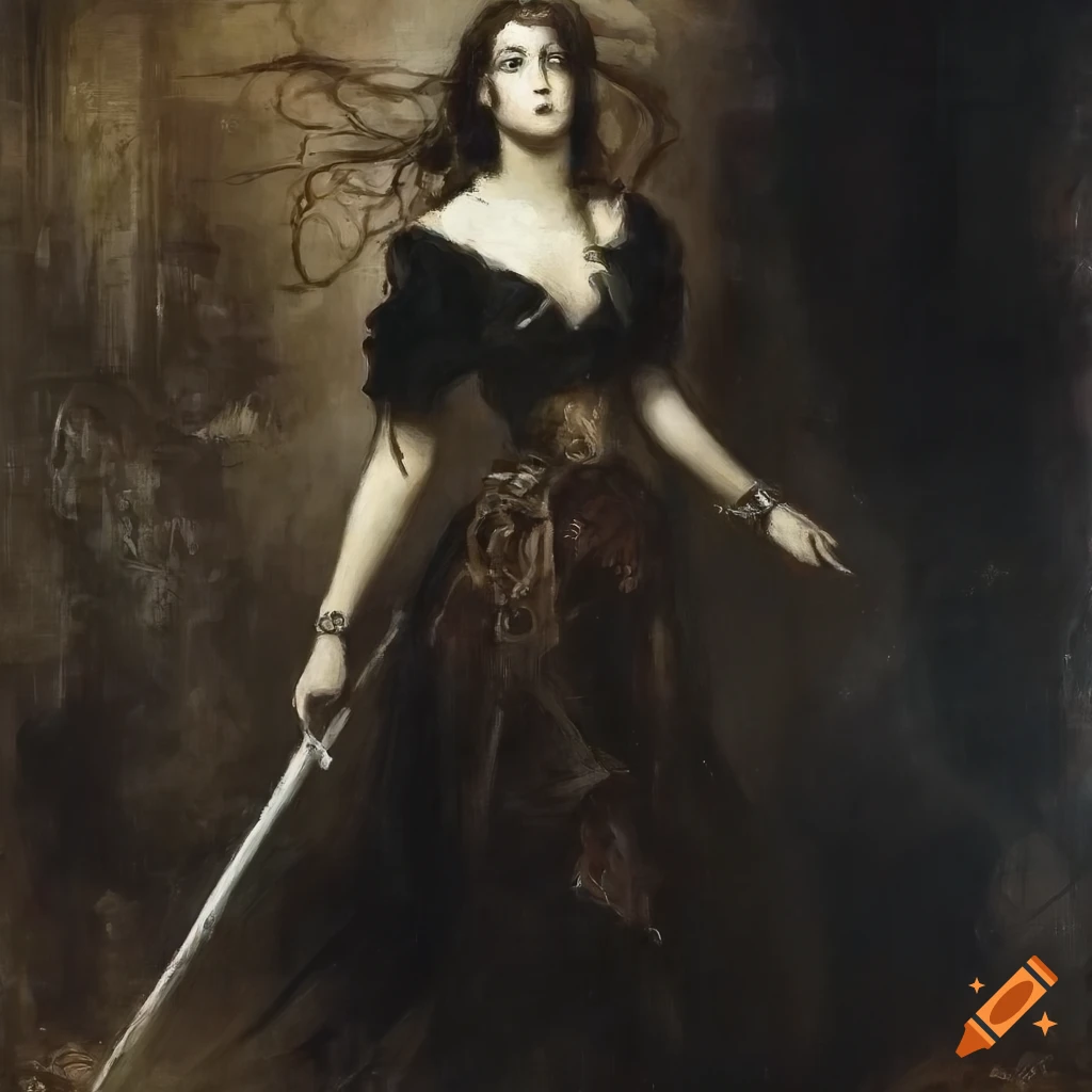 Victorian, luis royo, beautiful female walking, visible canvas texture ...