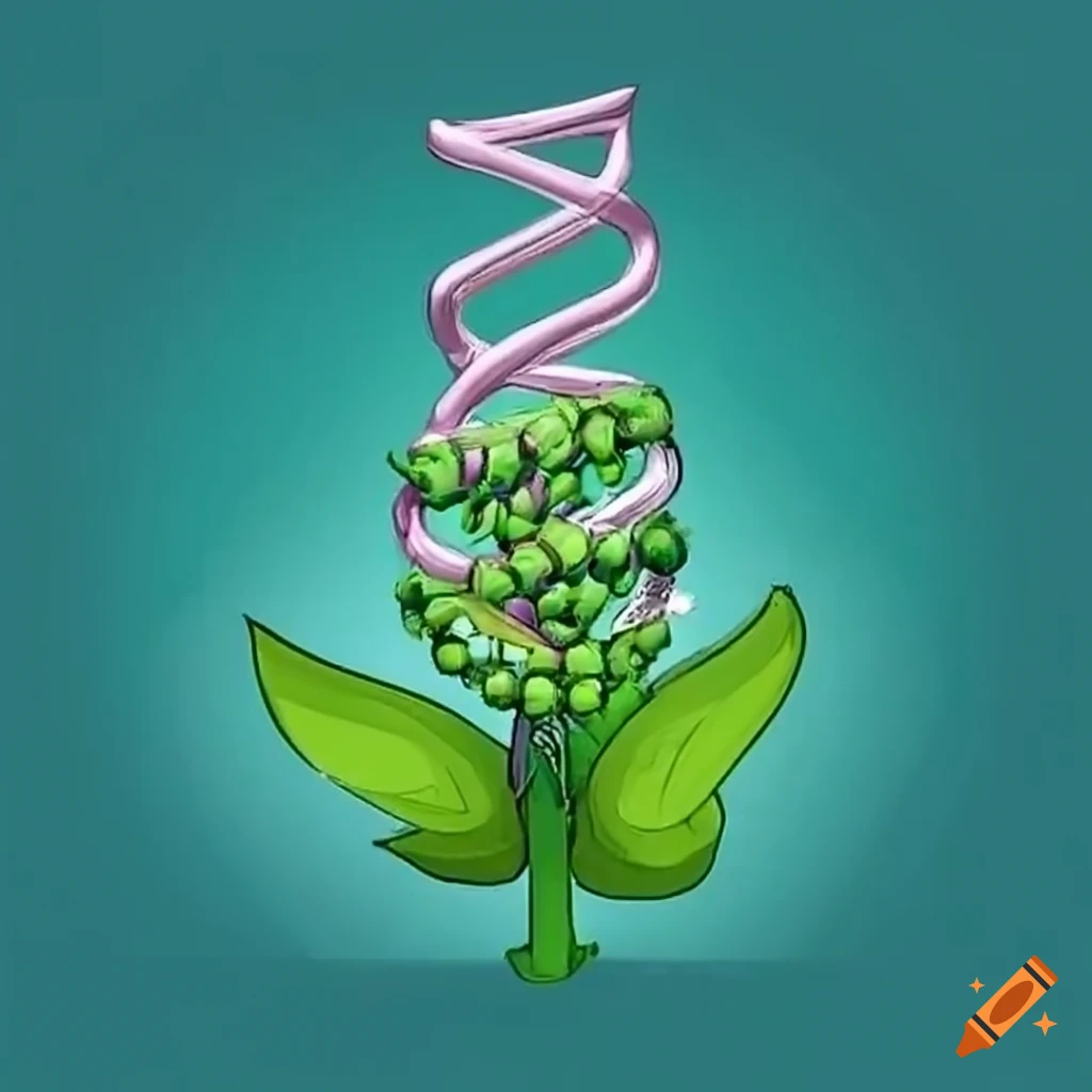 Cartoonish representation of genetically modified crops with dna strands