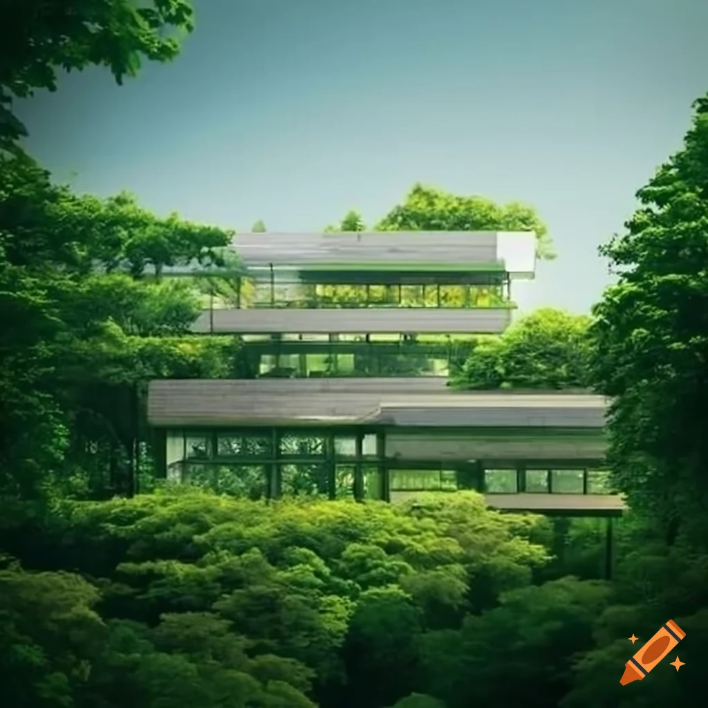 A modern factory surrounded by lush green trees