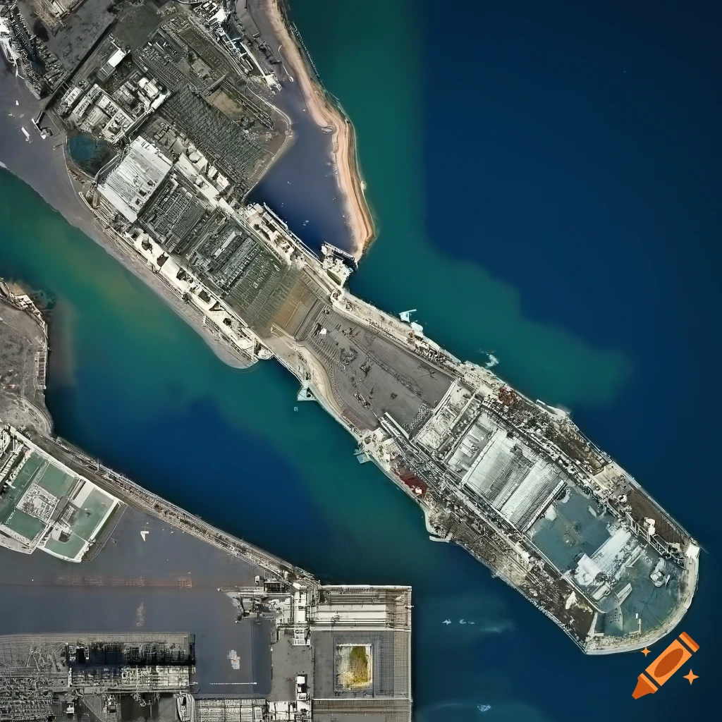 A giant naval base with ships and facilities satellite map top down ...