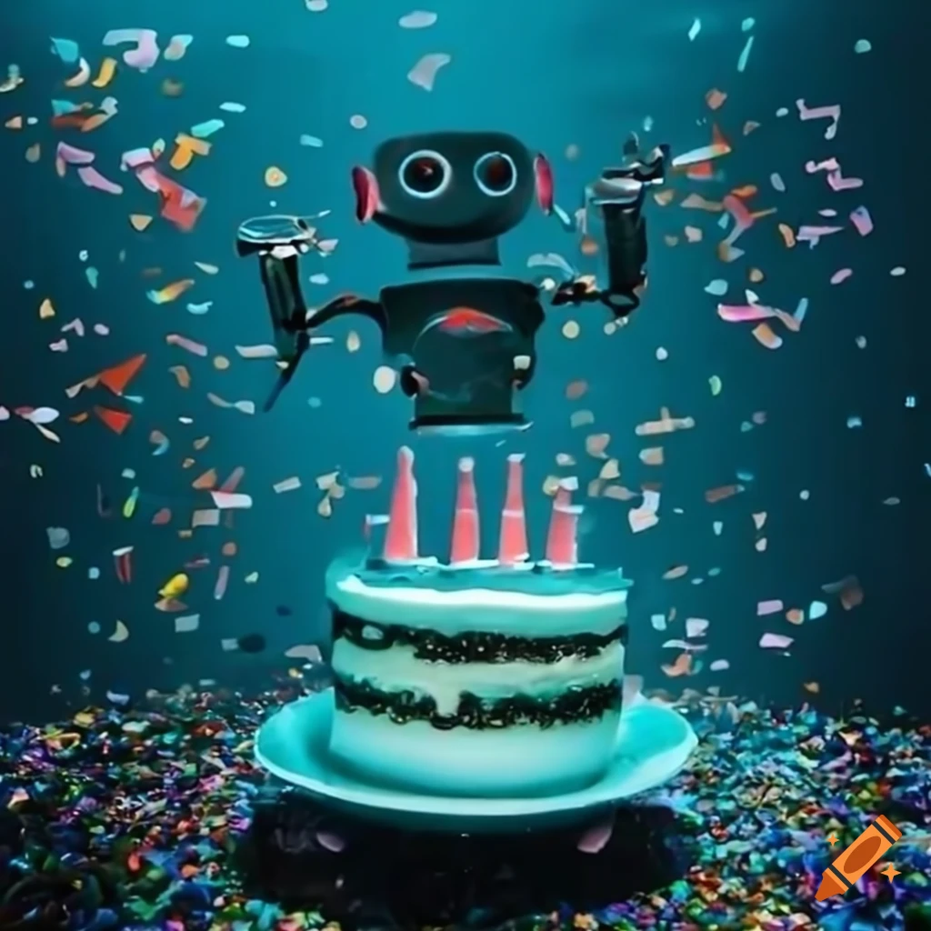 Robots partying with cake and confetti in an underwater lab