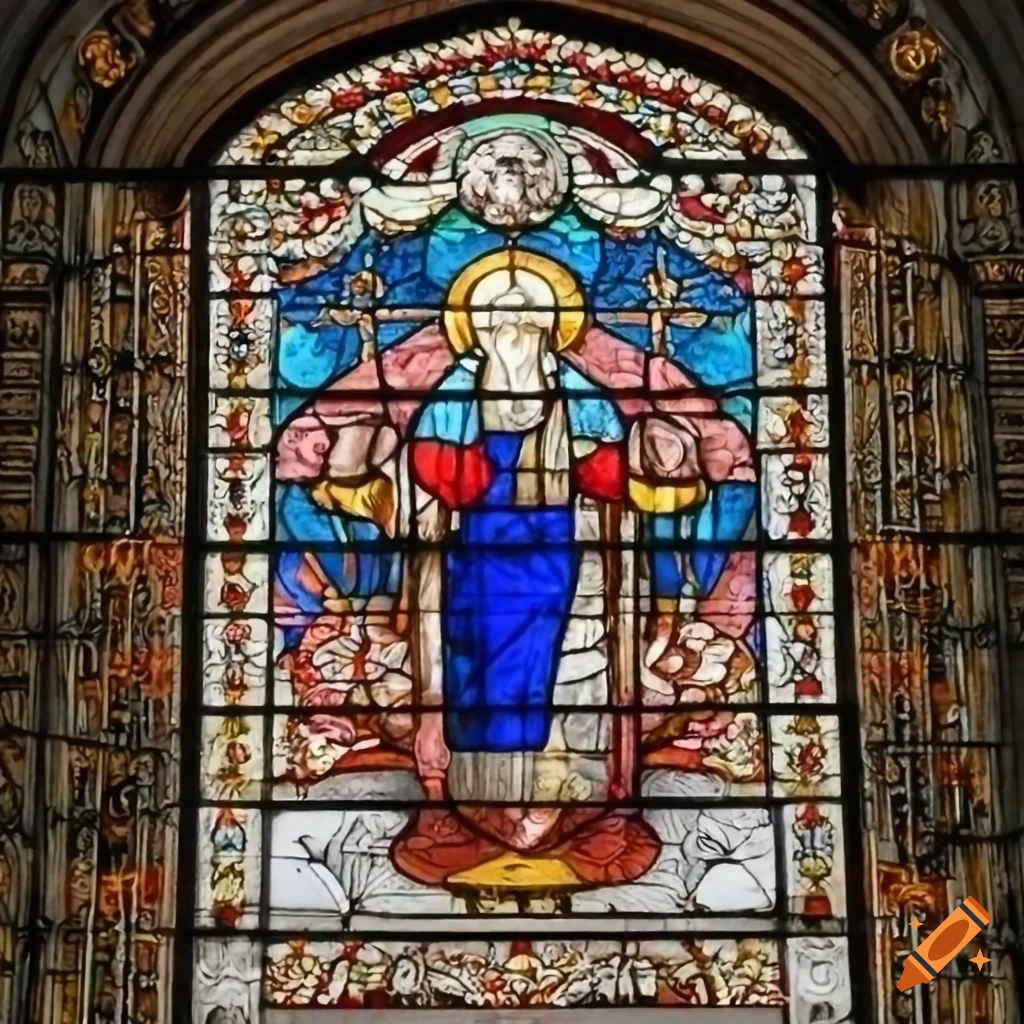 Gere uma imagem para um vitral de uma igreja católica em devoção à ...