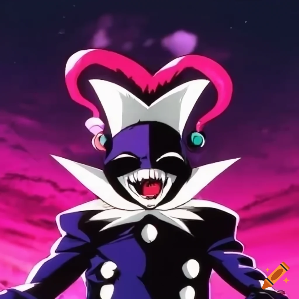 90's anime, a Jester spellcaster wearing a drama mask and conjuring an ...