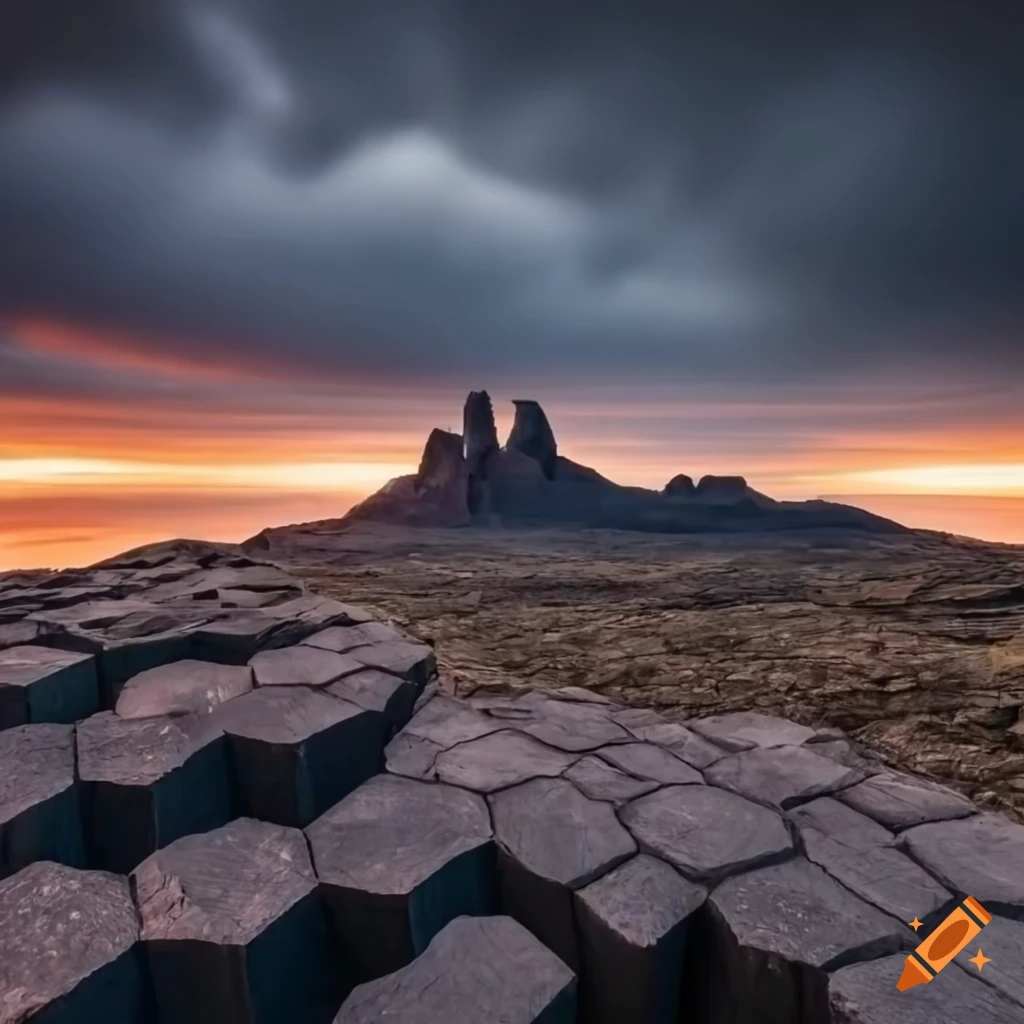 Mountain made of hexagonal basalt columns at sunset with a storm on Craiyon