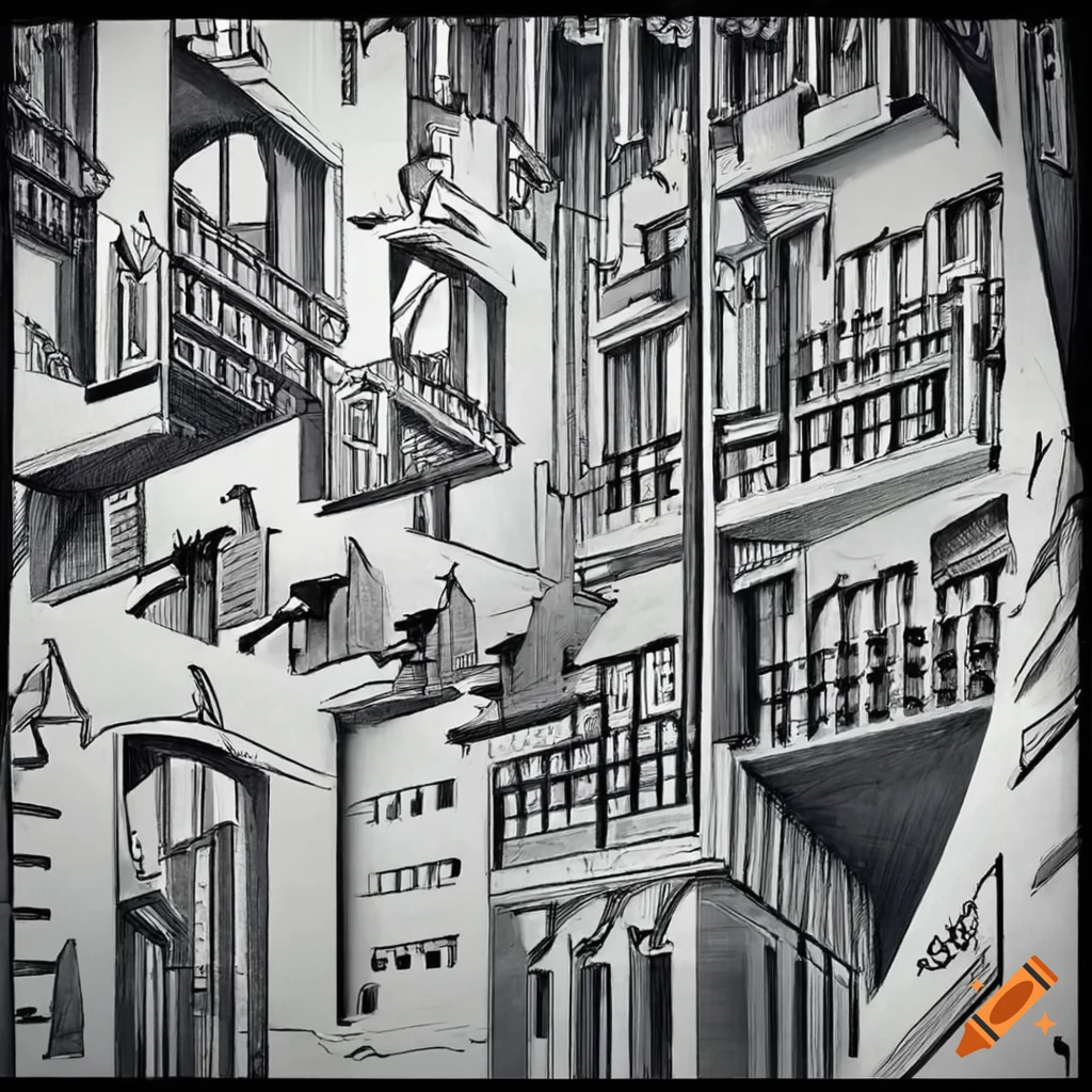 Mc escher style drawing version of relativity but in a big city