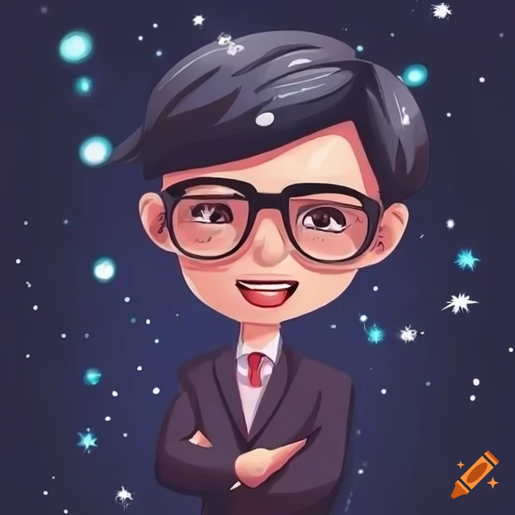 Cartoon chinese male glasses standing wisdom galaxy