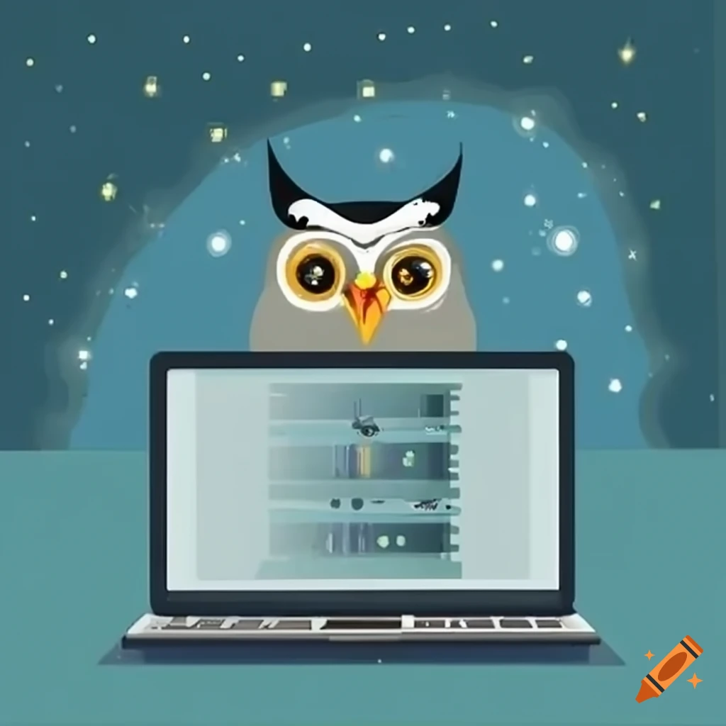 An owl learns to code in front of a laptop at night on Craiyon