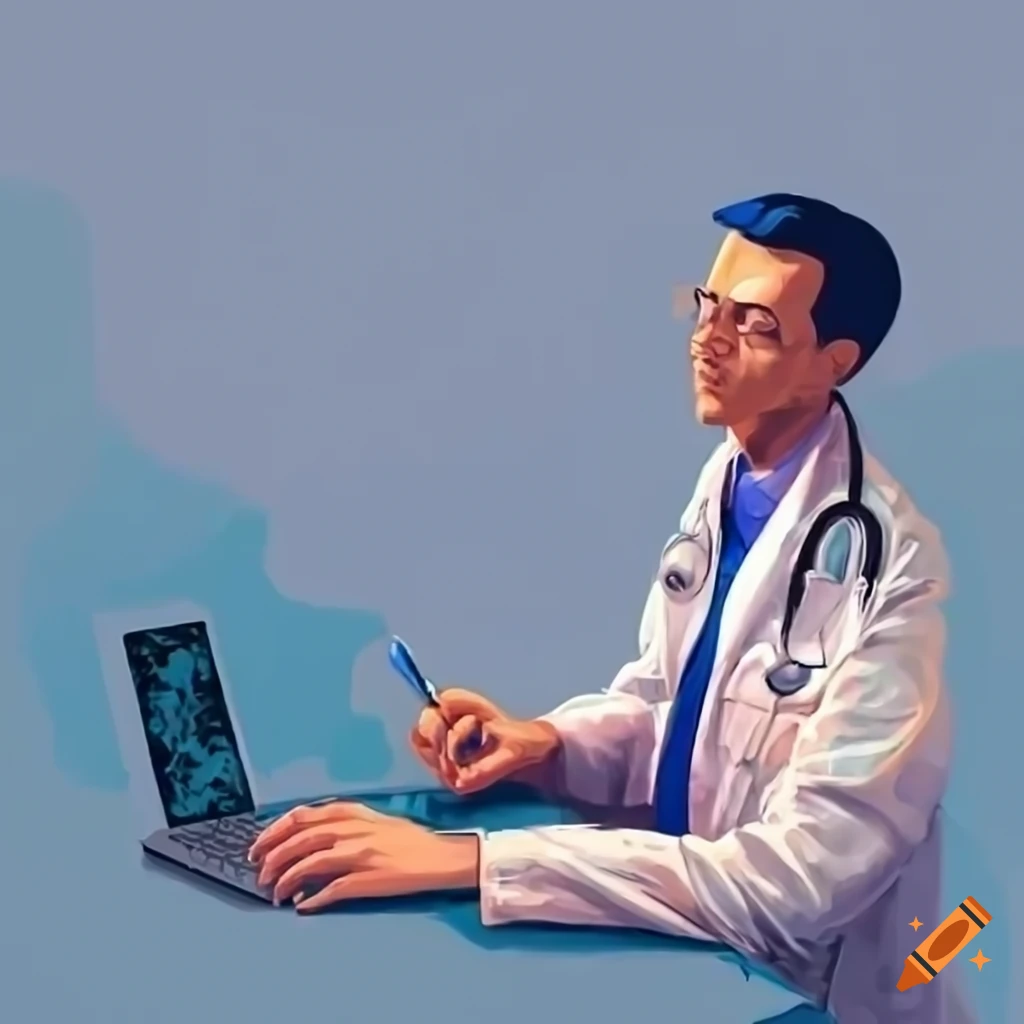 A doctor writing on a computer and his patient in front sitting waiting ...