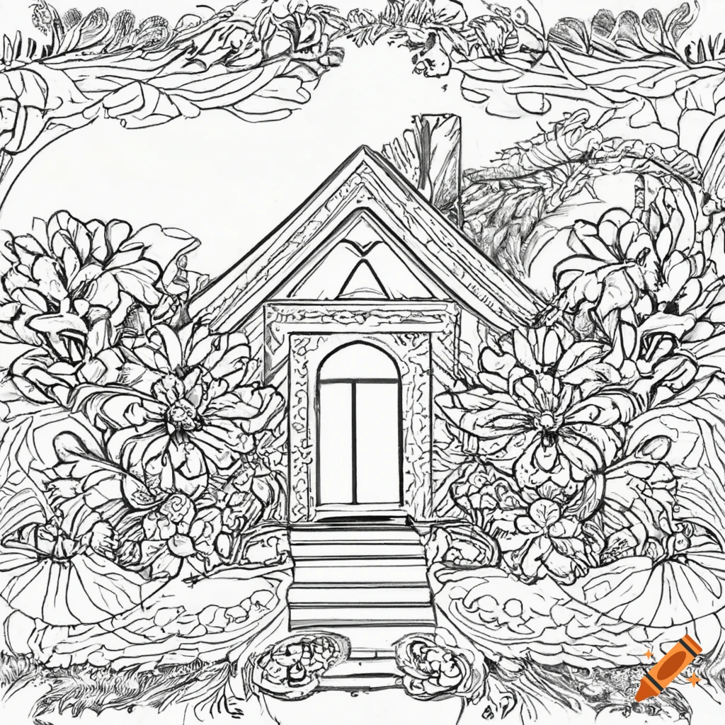 House with flowers in coloring book style on Craiyon