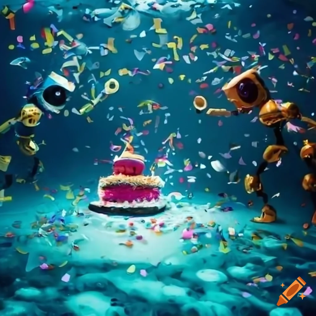 Robots partying with cake and confetti in an underwater lab on Craiyon