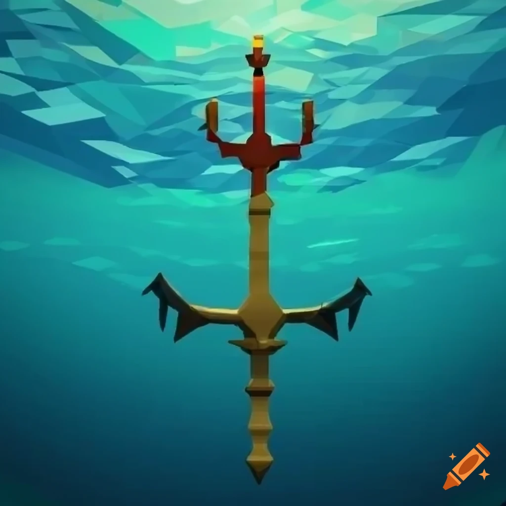 Low poly polytopia citizen underwater with a olden trident on Craiyon