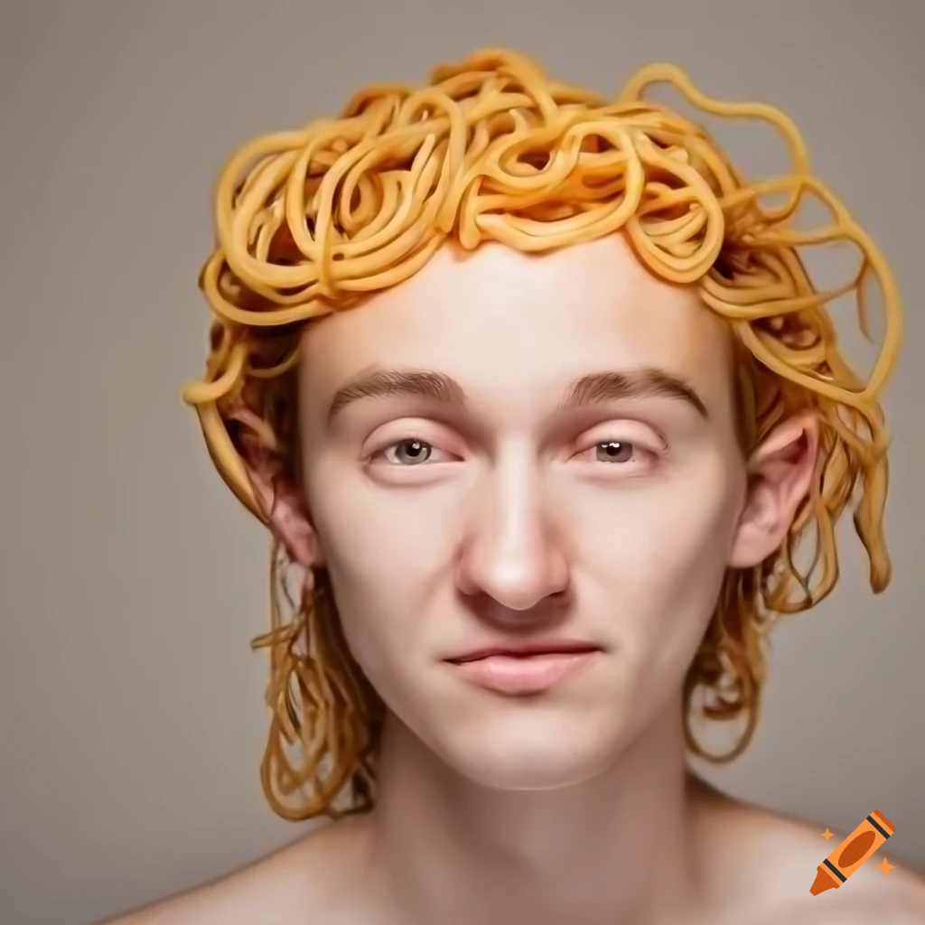 Portrait of a spaghetti-haired person against neutral background on Craiyon