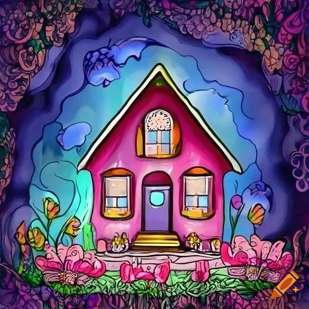 House with flowers in coloring book style