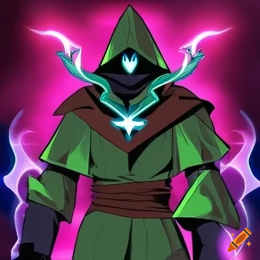 90's anime, a medieval masked mage archer casting a spell, big thick ...