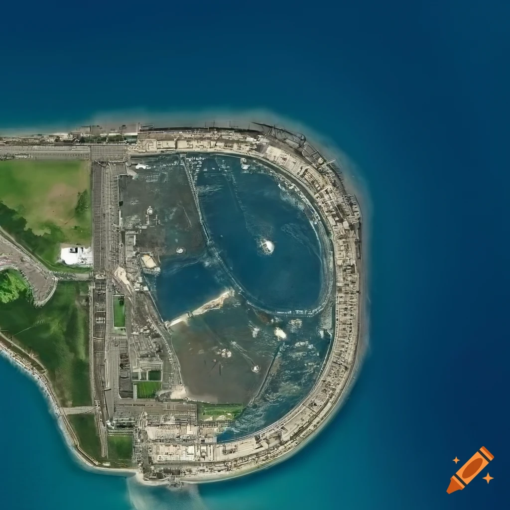 A giant naval base with ships and facilities satellite map top down ...