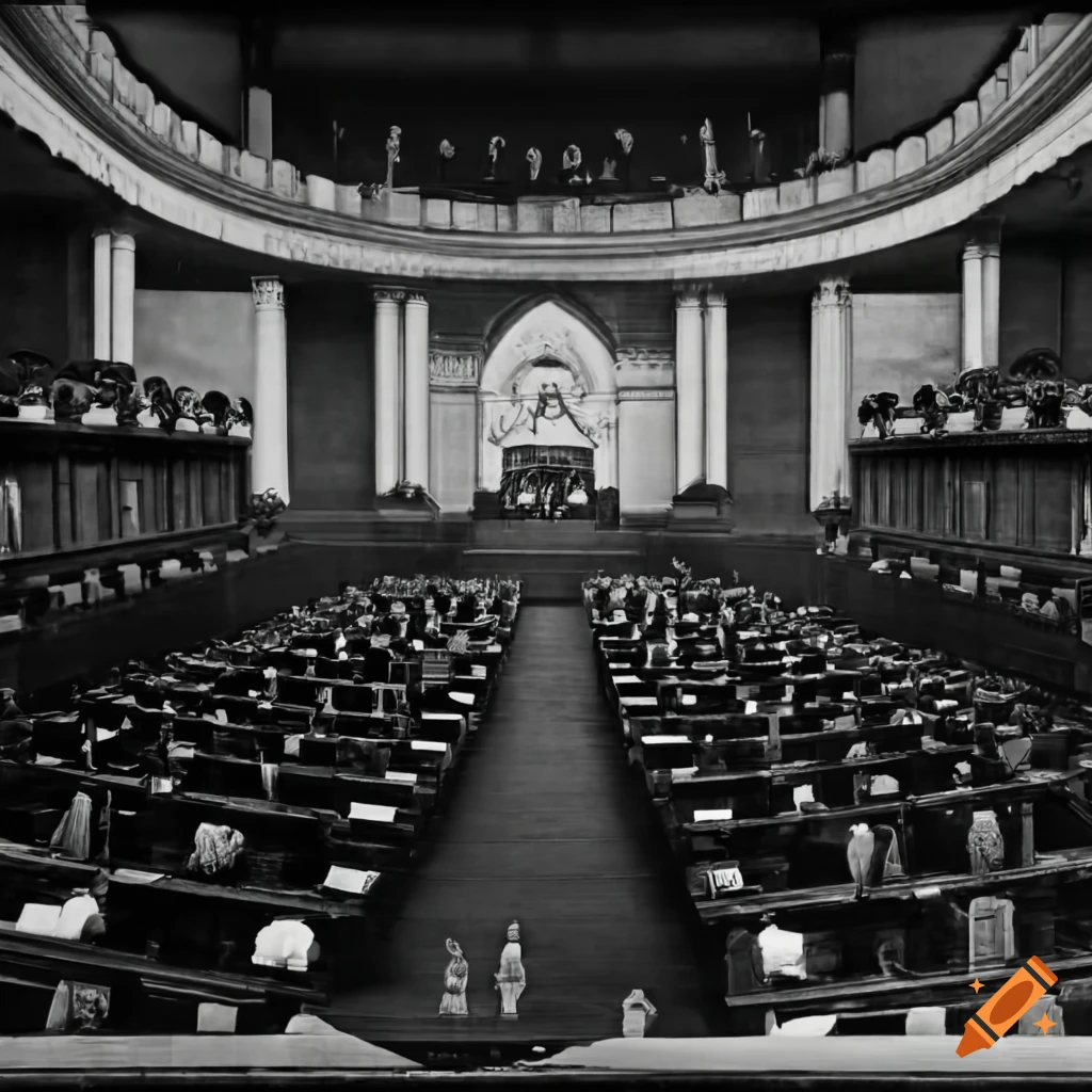 Japanese parliament 1930's photorealistic black and white on Craiyon