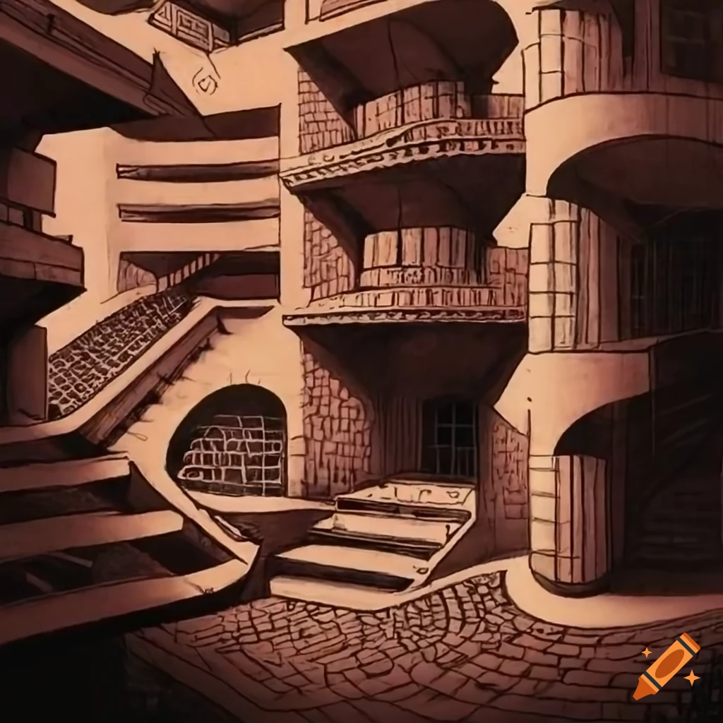 Mc escher style drawing version of relativity but in a parking garage ...