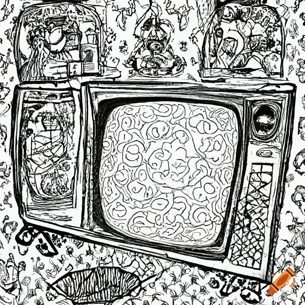 Obscure television, drawing in style of art brut, black and white ...