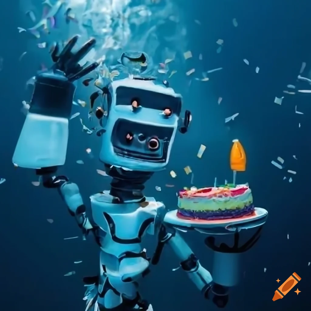 Robots partying with cake and confetti in an underwater lab