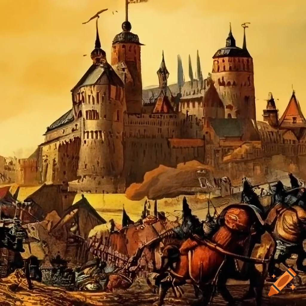 Detailed woodcutting depicting siege of marienburg, two bombards can be seen on Craiyon